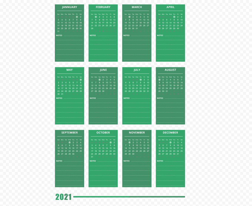 HD 2021 Creative Green Calendar With Notes Section Clipart PNG | Citypng