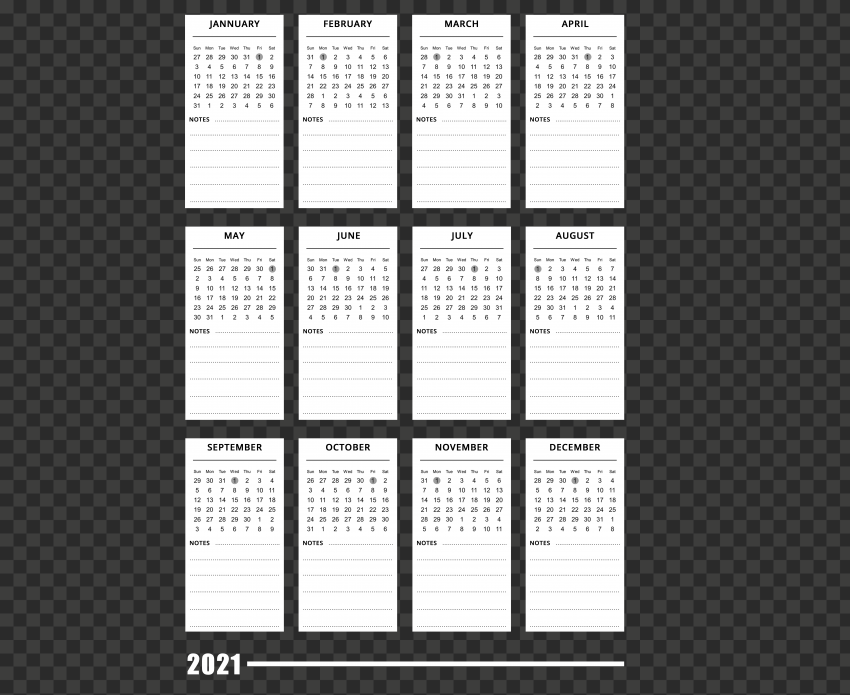 HD 2021 Simple White & Black Calendar With Notes Section Clipart PNG ...