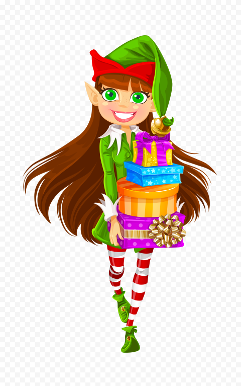 Cartoon Elf Girl Holding Gifts HD PNG | Citypng
