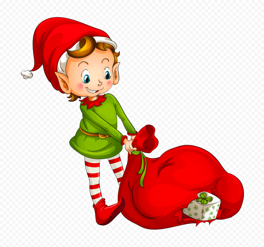 PNG Cartoon Elf Character With Christmas Gifts Bag | Citypng