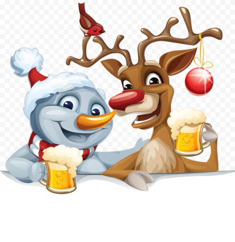 Reindeer & Snowman Cartoon Character Drinking Beer | Citypng