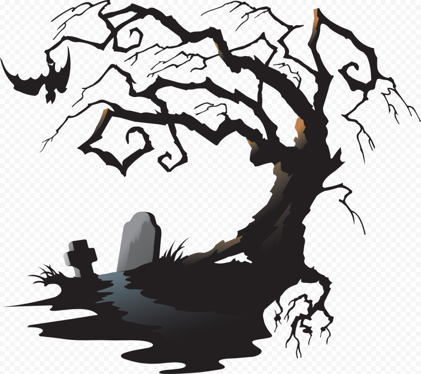 Scary Halloween Tree Cemetery Tombstone Illustration PNG | Citypng