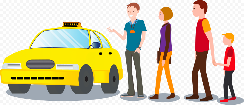 Vector Cartoon Passengers With Yellow Taxi Car PNG | Citypng